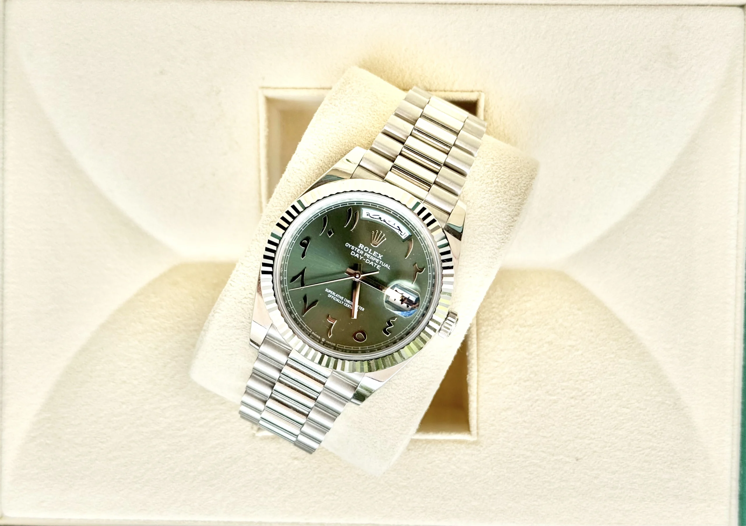Rolex Day-Date Olive Green Arabic Dial Ref. 228236 – JD Watches SL